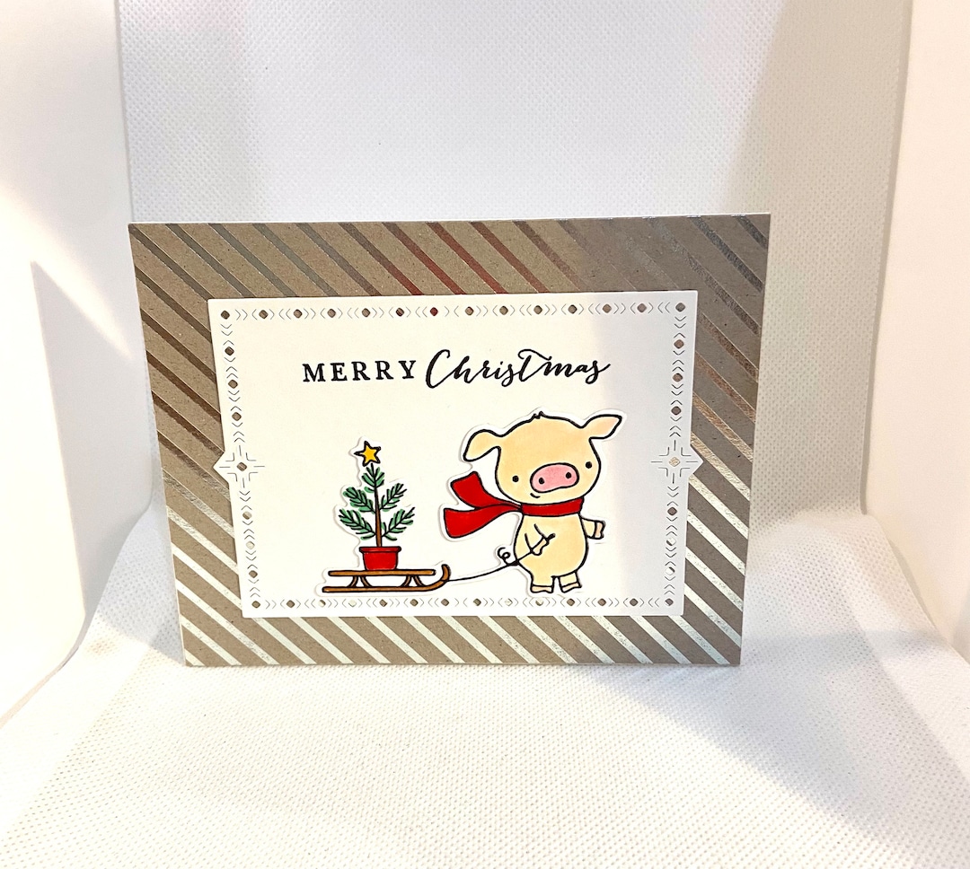 Merry Christmas Card, Hand Stamped Pig Pulling Sled Card, Holiday ...