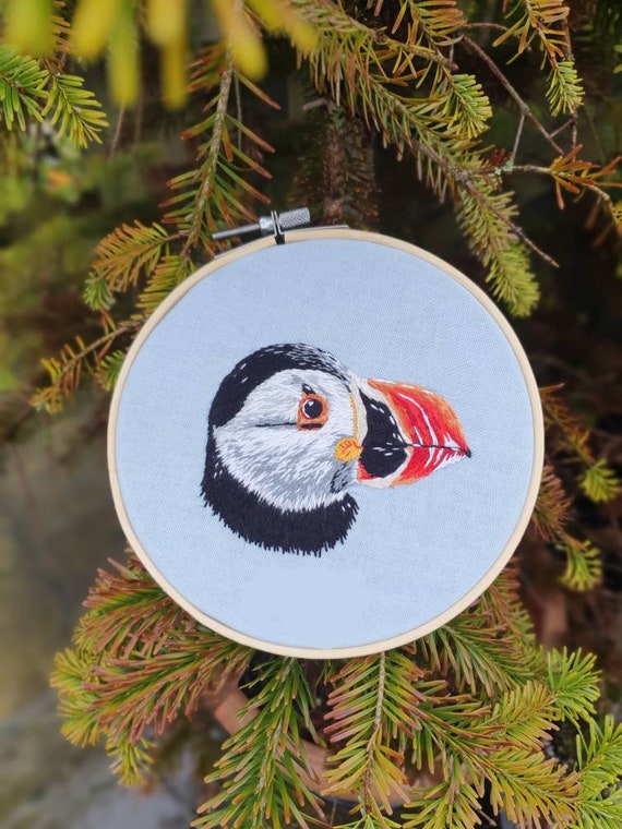 Hand Embroidery Puffin Bird on Blue Background Rainbow | Etsy