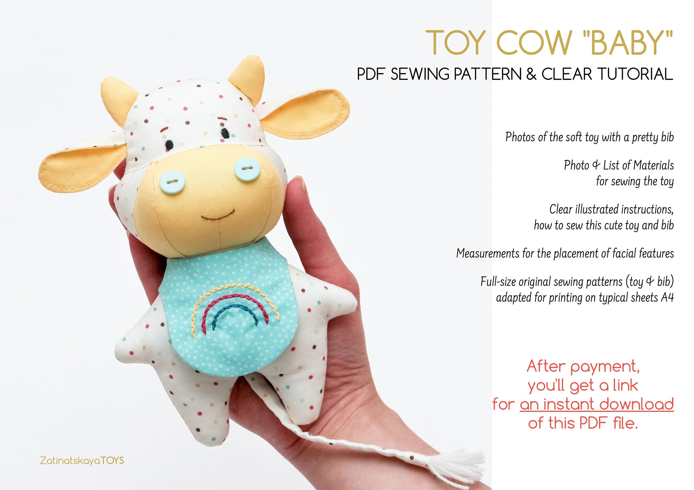 Cow sewing pattern PDF. Christmas stuffed baby toy | Etsy