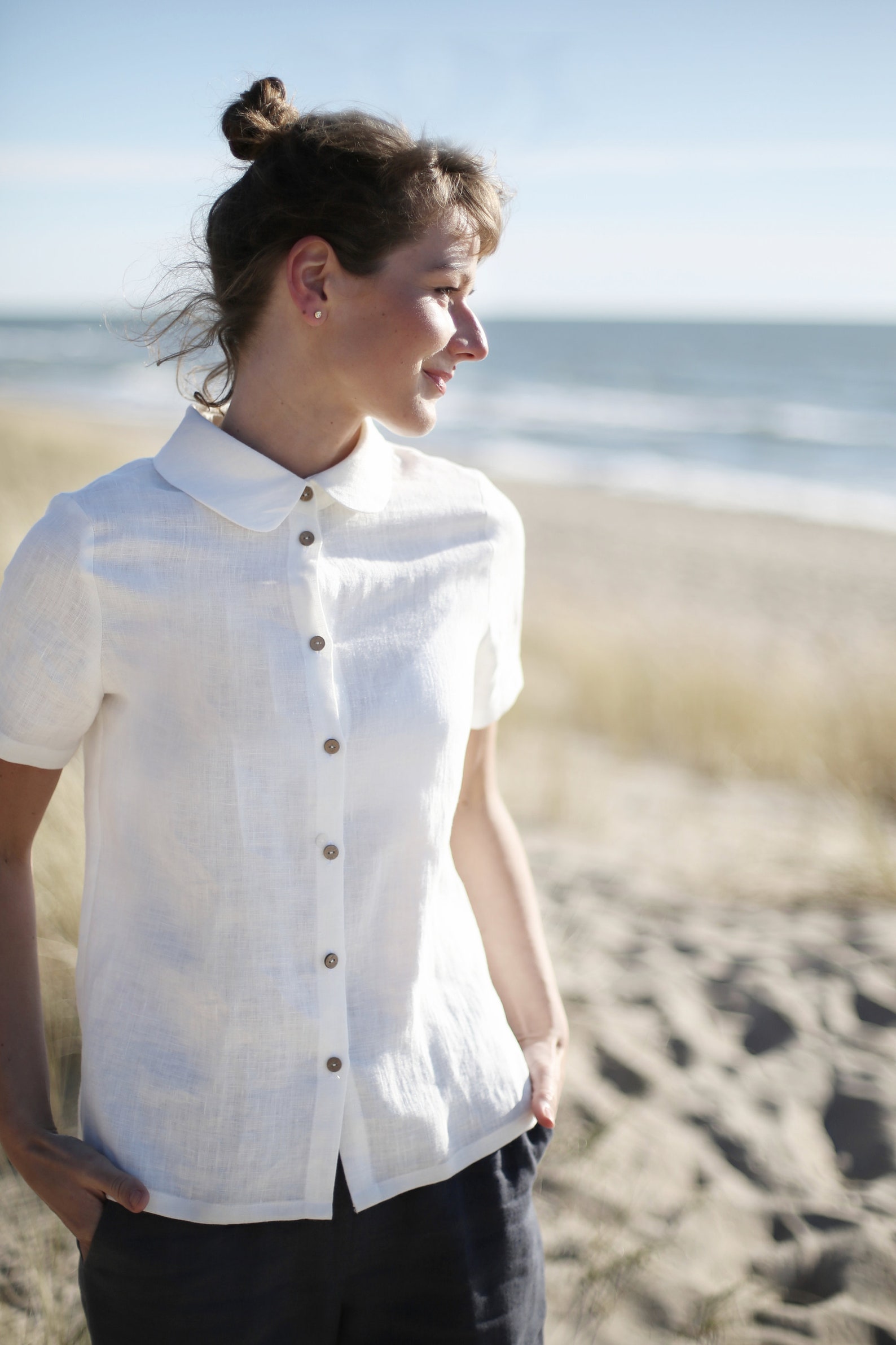 Linen Collar Shirt Women Linen Top Peter Pant Collared | Etsy