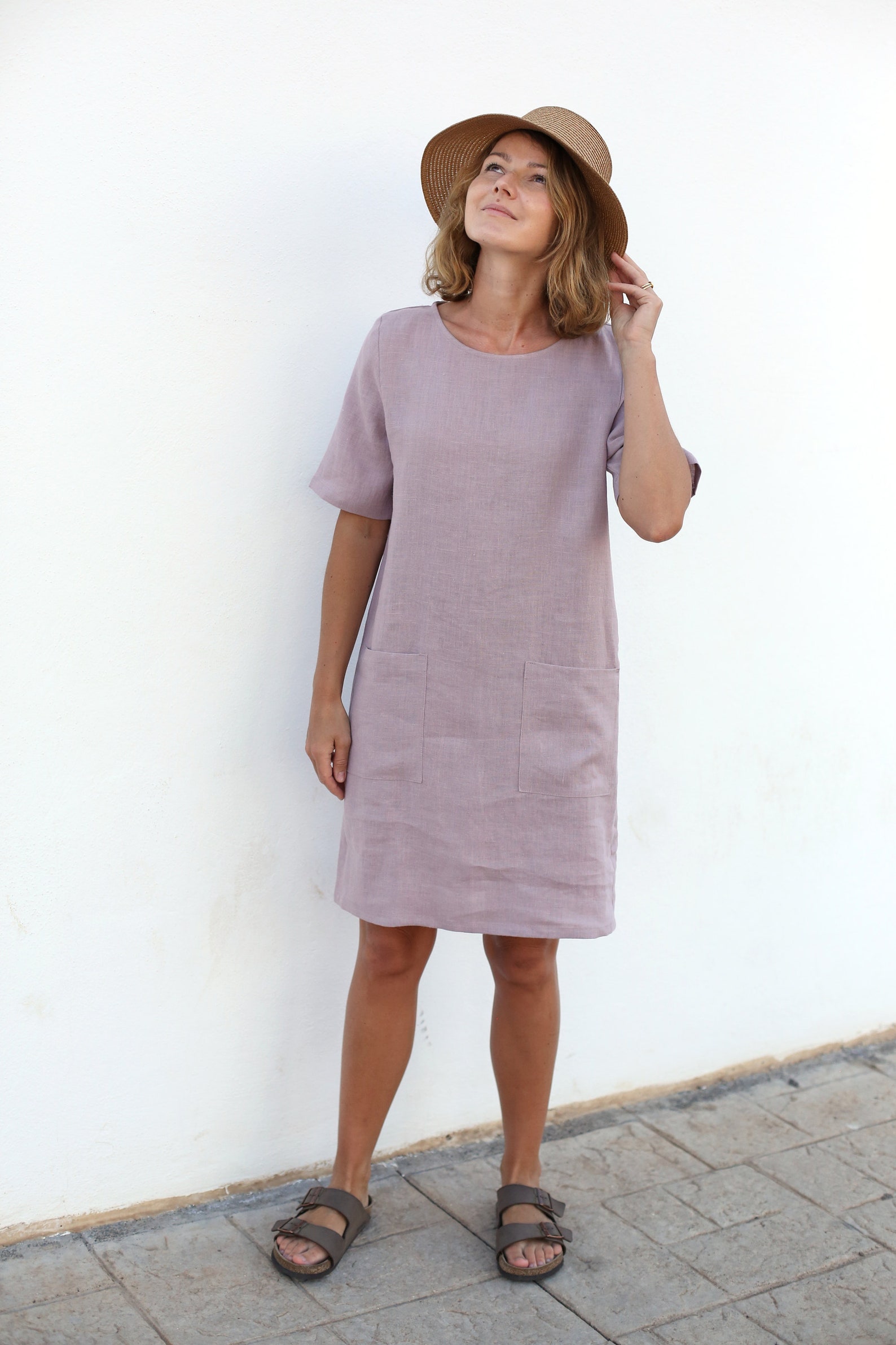 Japanese Style Working Linen Dress | Dress With Front Pockets | Short ...