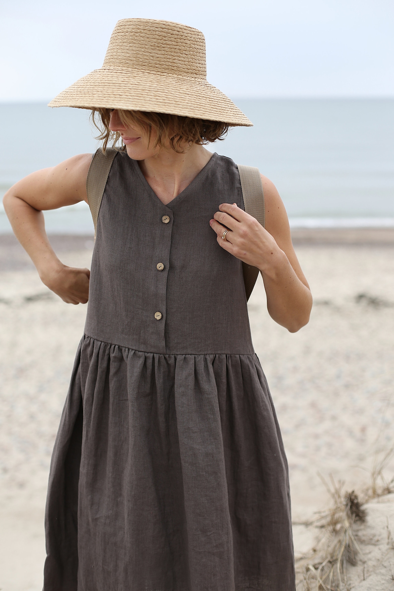 Linen Loose Sleeveless MAMA Dress With Front Buttons in Middi | Etsy