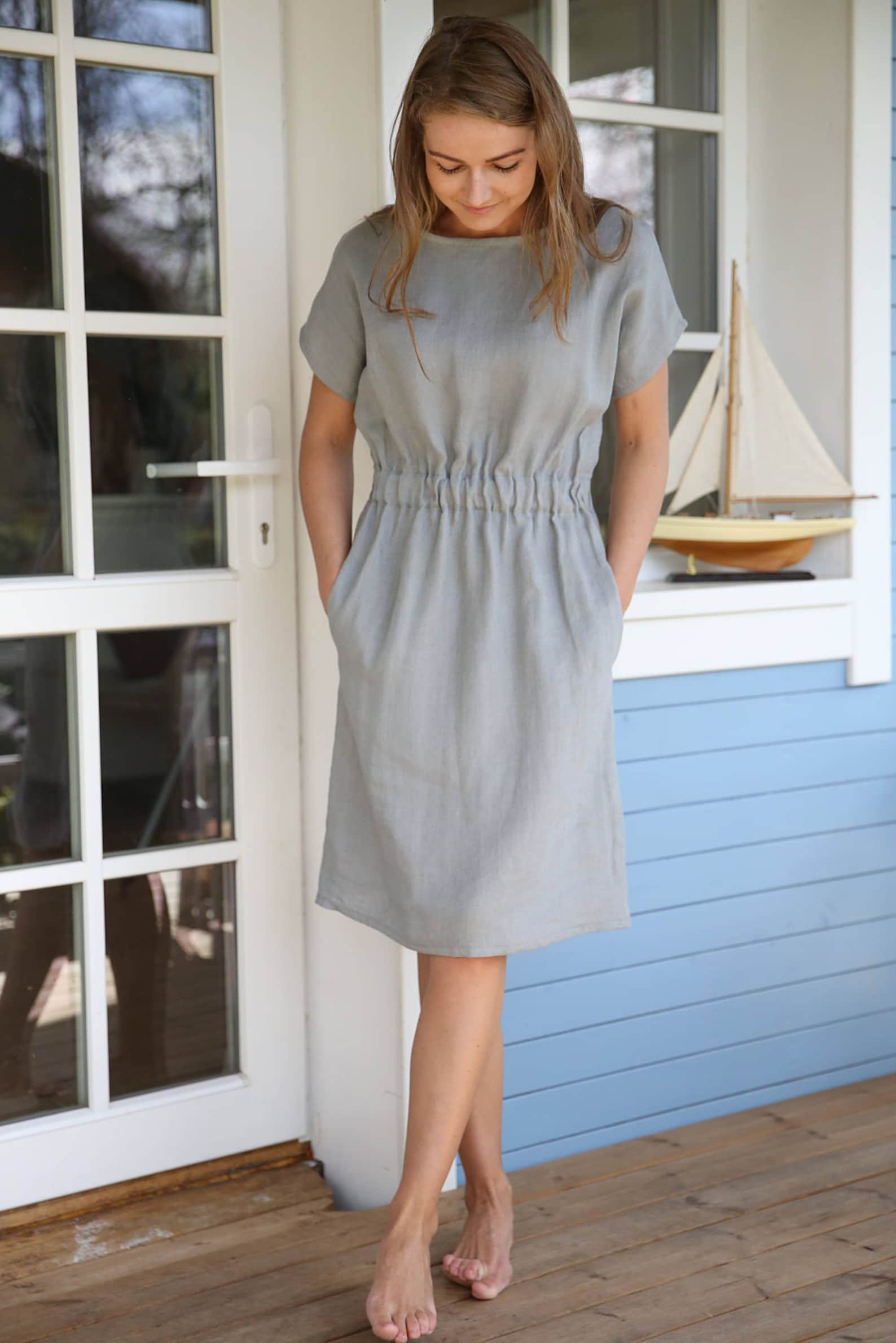 Linen Dress With Elastic Waist Women Dress Dress With Side - Etsy