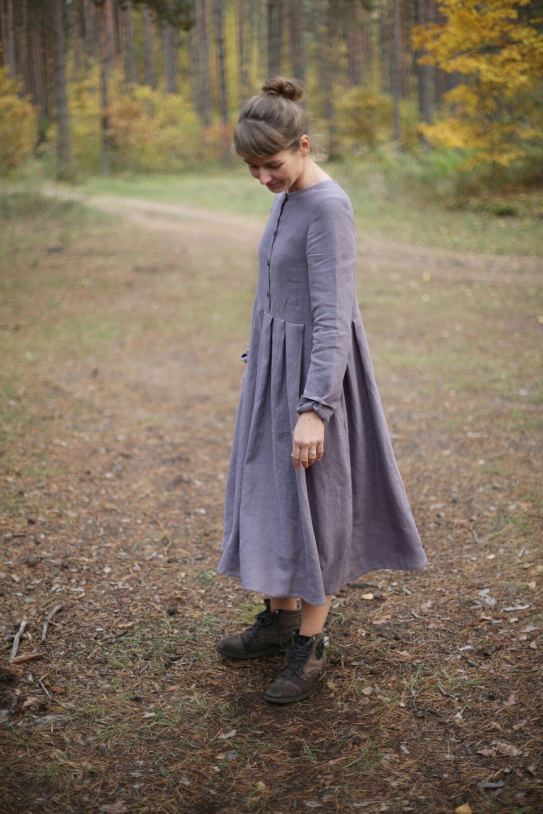 Autumn Linen Dress: Long Sleeve Button Front, Maternity Friendly - Etsy