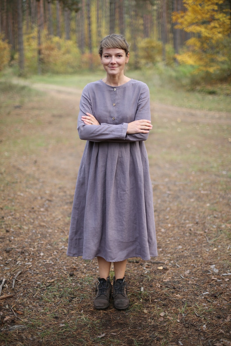 Autumn Linen Dress: Long Sleeve Button Front, Maternity Friendly - Etsy