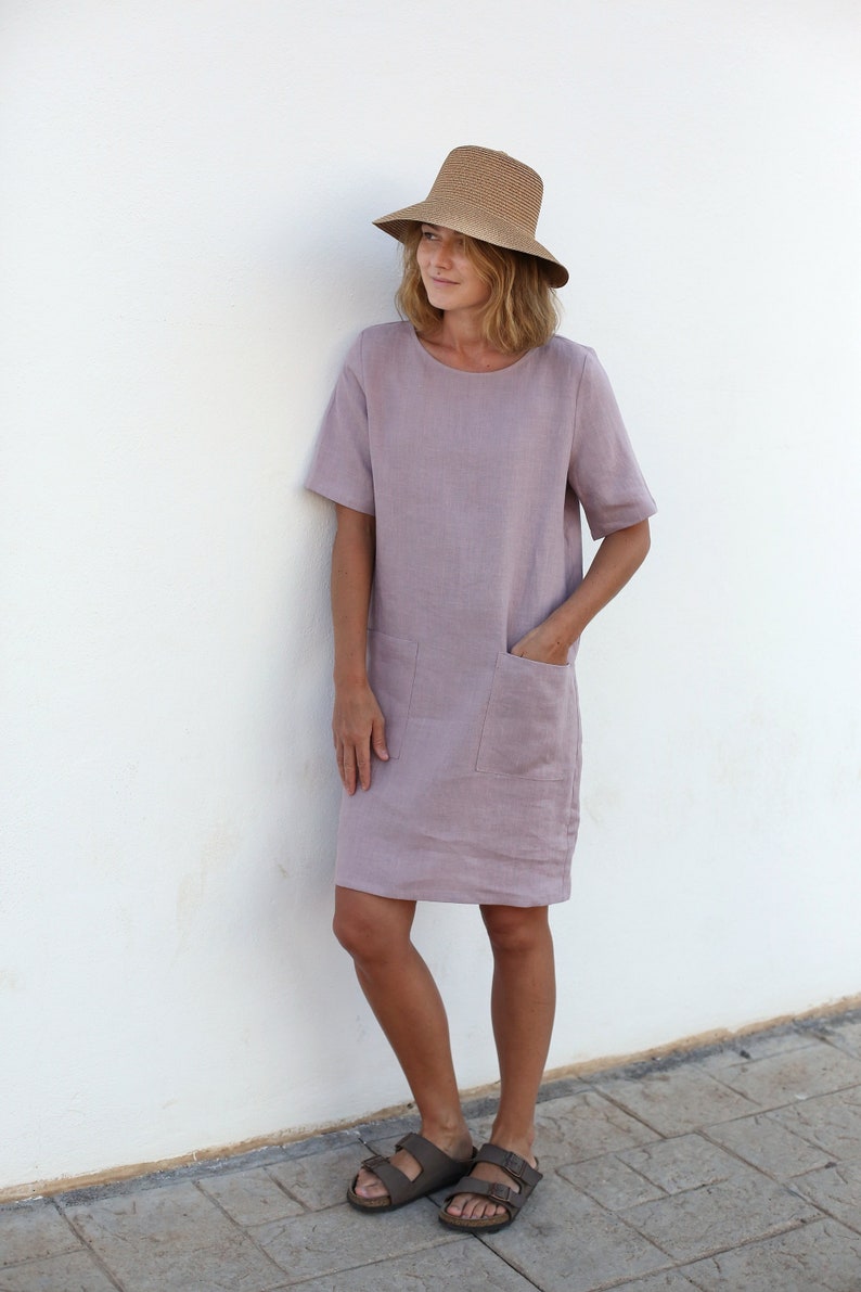 Japanese Style Working Linen Dress | Dress With Front Pockets | Short ...