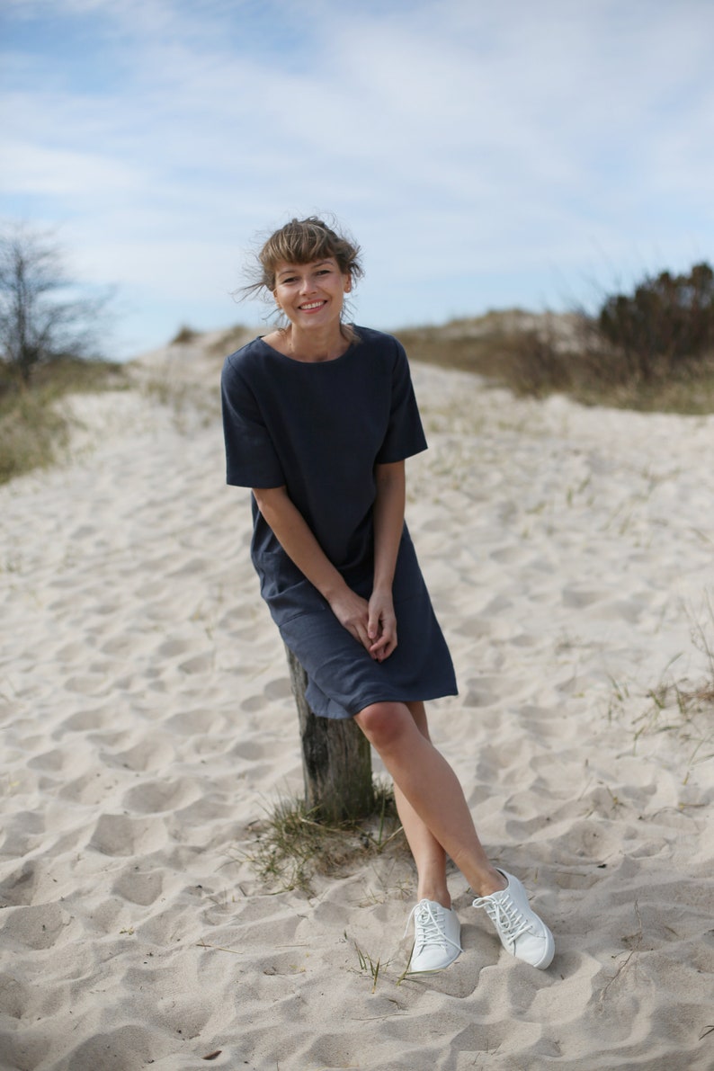 Japanese Style Working Linen Dress | Dress With Front Pockets | Short ...