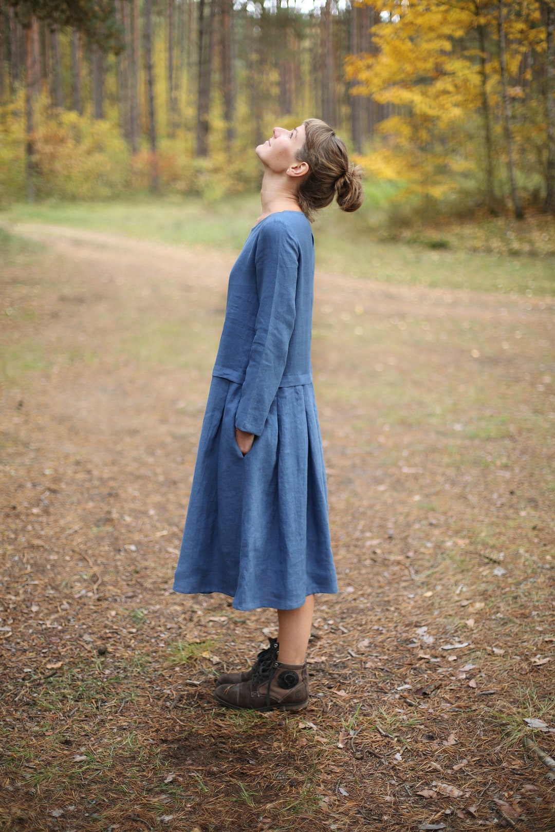 Japanese Style Loose Fit Dress / Long Sleeve Linen Dress / Bellow-the ...