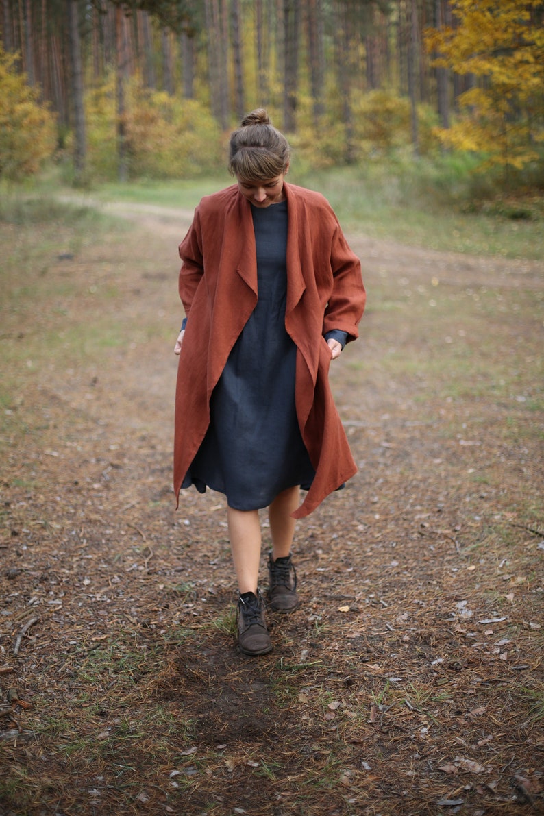 Long Washed Linen Coat | Handmade Women's Terracotta Jacket - Etsy