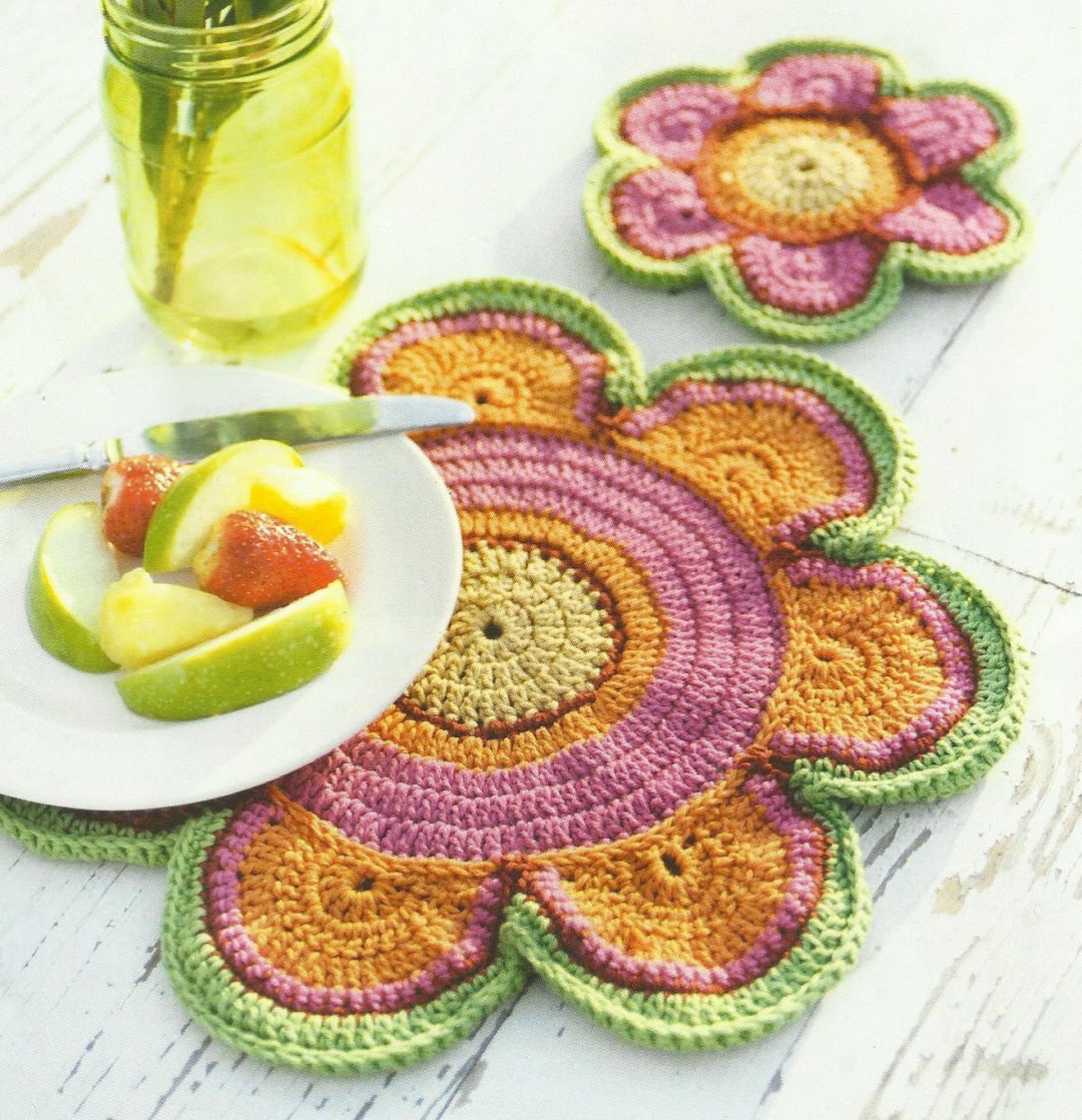 Crochet Flower Table Mats Matching Coasters Crochet Pattern Brighten ...