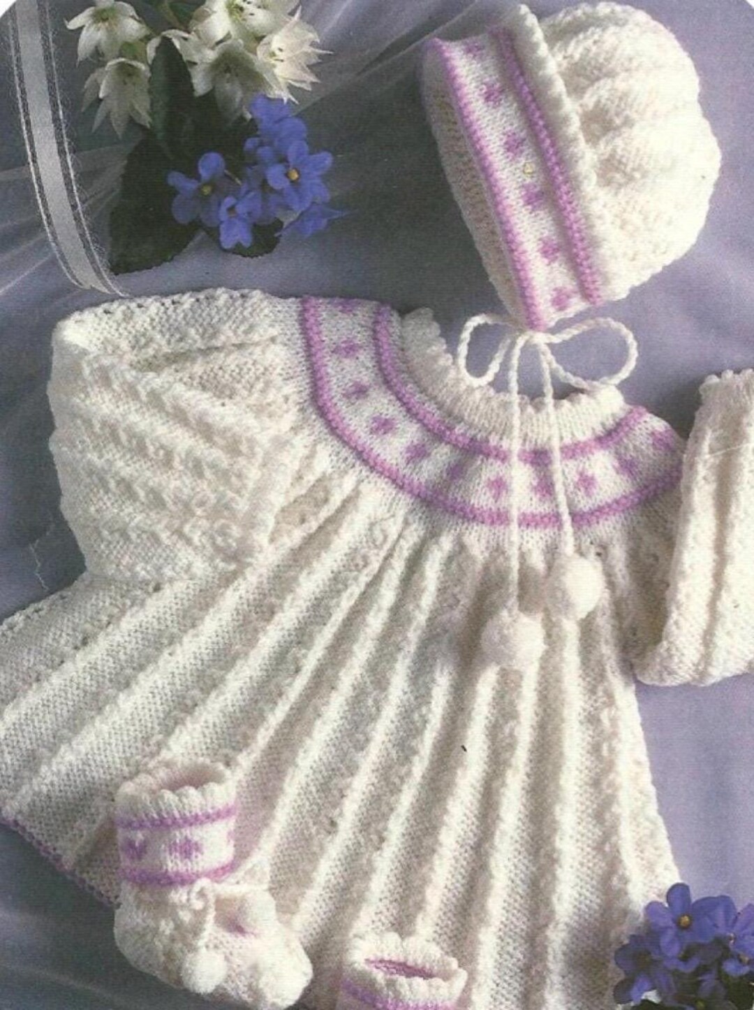 Knitted Baby Angel Top Pattern Knit Matching Bonnets and Booties ...