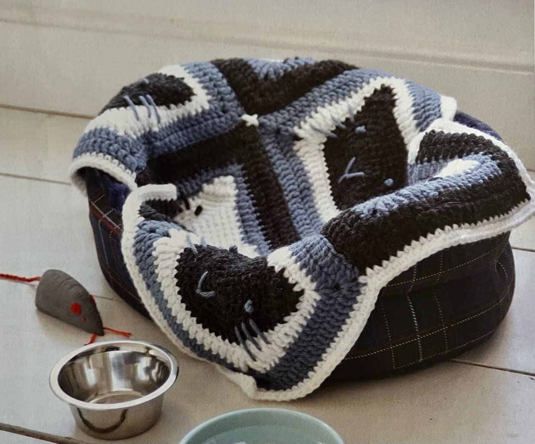 Adorable Crochet Cat Themed Blanket Granny Square Kitten Throw DIY Pet ...