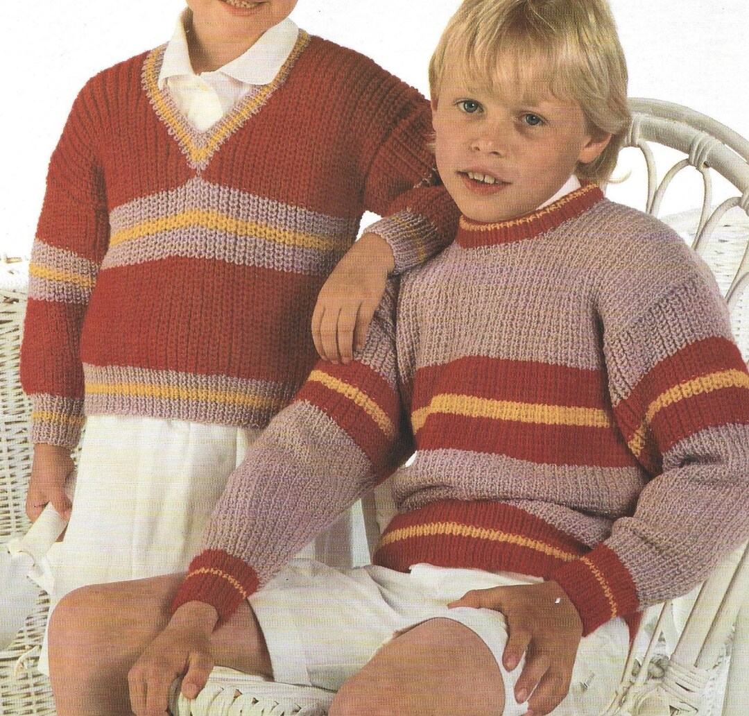 1980s Vintage Children’s Knitting Sweaters Pattern Fun Stripes Round ...