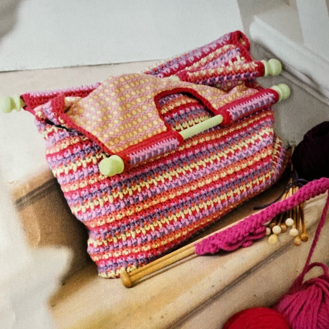 Wooden Handle Crochet Project Bag Pattern Striped Yarn Tote Tutorial ...