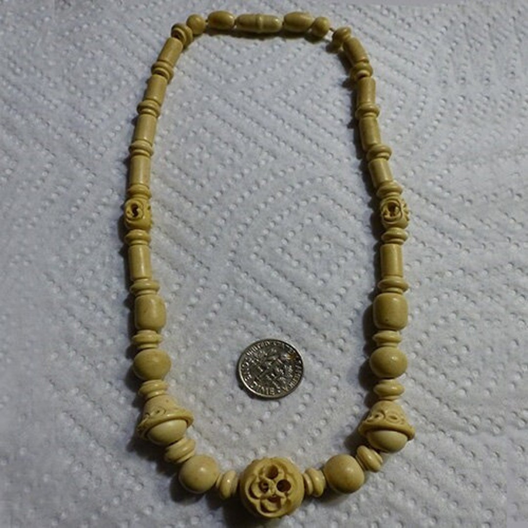Bovine Bone Celluloid Vintage Bead Necklace Carved Beads Matching ...