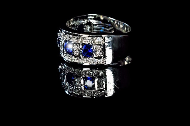 Gina 3ct Sapphire Blue Round CZ Encrusted Silver Band | Etsy