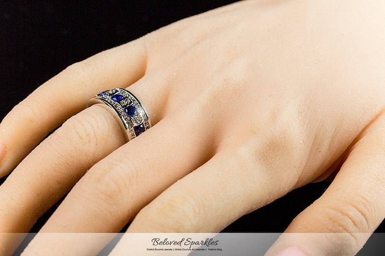 Gina 3ct Sapphire Blue Round CZ Encrusted Silver Band | Etsy