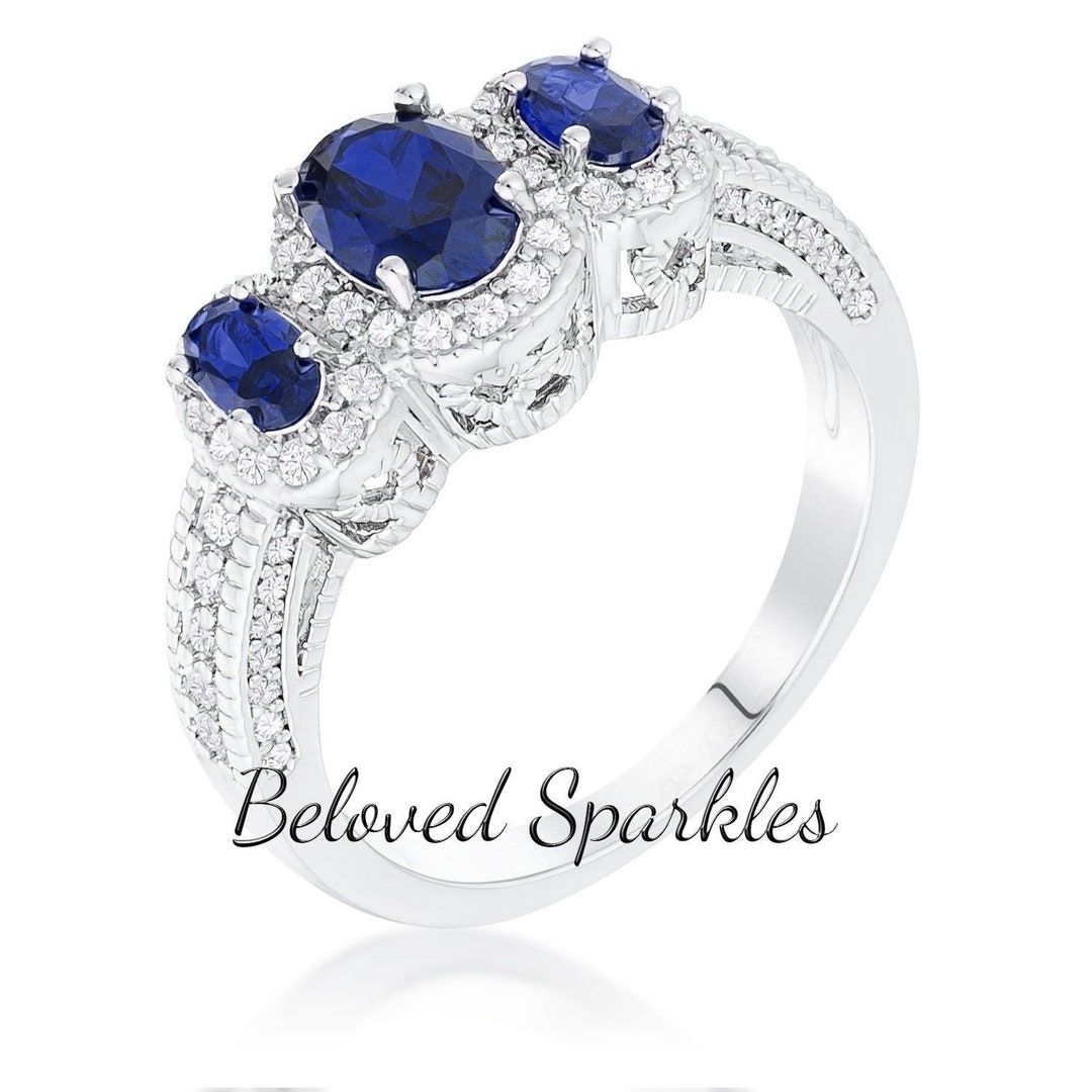 Chessa 3-stone Sapphire Blue Oval Halo 1.7ct CZ Cocktail Ring-sapphire ...