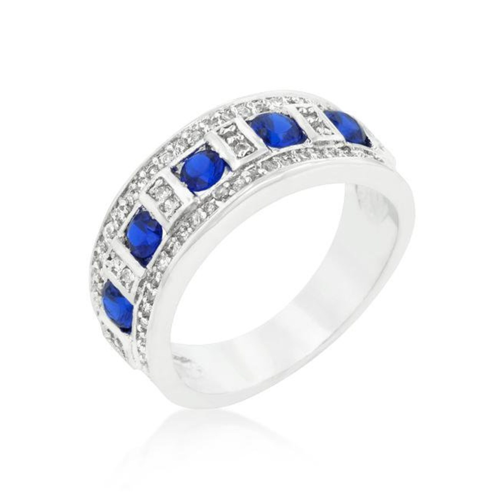 Gina 3ct Sapphire Blue Round CZ Encrusted Silver Band Ring-sapphire ...