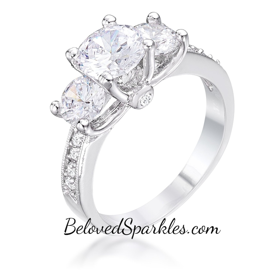 Elizabeth 7mm Round 1 Carat Three Stone Cubic Zirconia Engagement Ring - 3 Carat Tri-stone Round ...