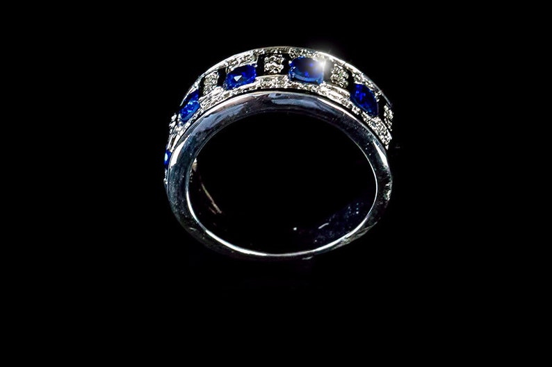 Gina 3ct Sapphire Blue Round CZ Encrusted Silver Band | Etsy
