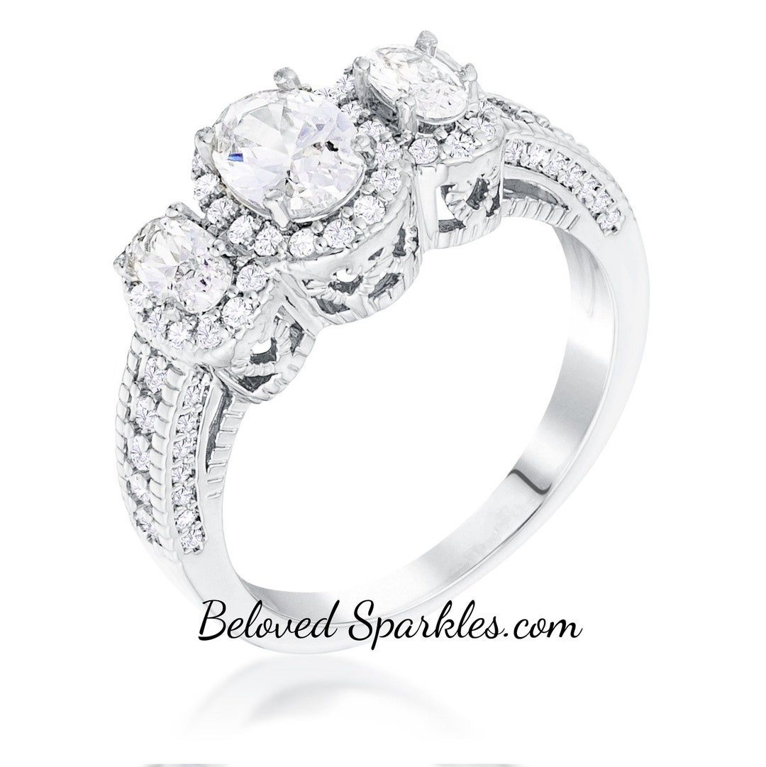 Chessa 3-stone Clear CZ Oval Halo 1.7ct CZ Cocktail Ring-clear Round ...