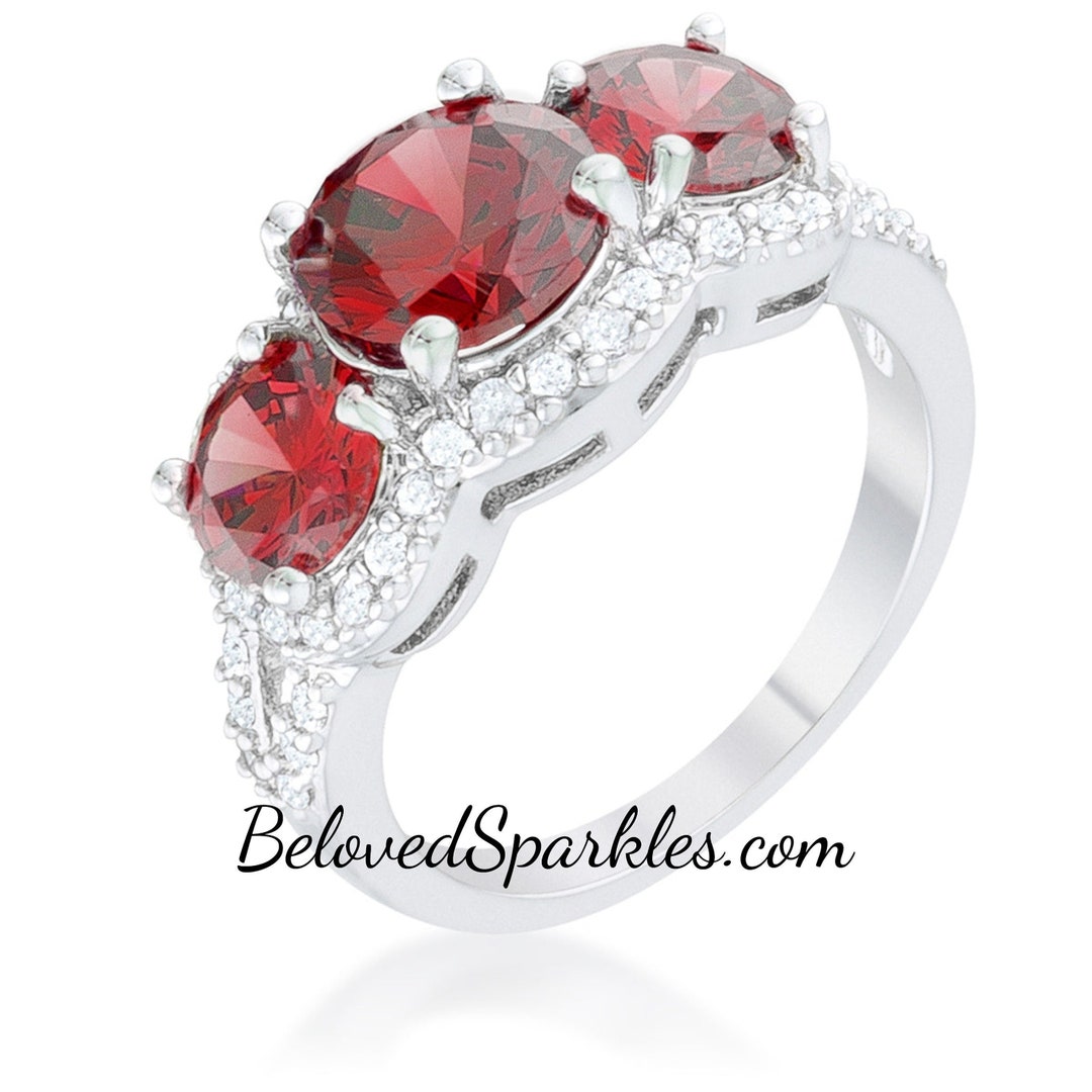 Merion Three Stone Garnet Red Round CZ Cocktail 6.8ct Ring-ruby Red ...