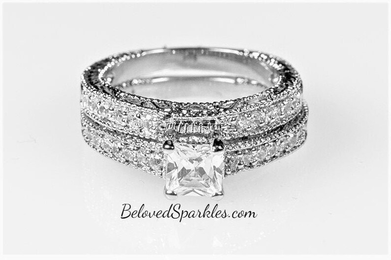 Lupe .5ct Princess Cut CZ Filigree Engagement and Wedding Ring Set-2ct ...