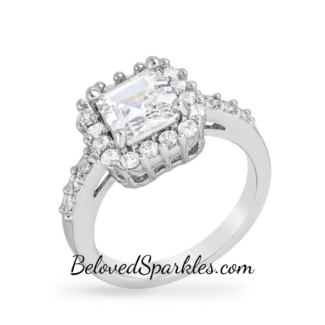 Dextra 7mm 2ct Asscher Cut Cubic Zirconia Halo 3.2ct Engagement Ring ...