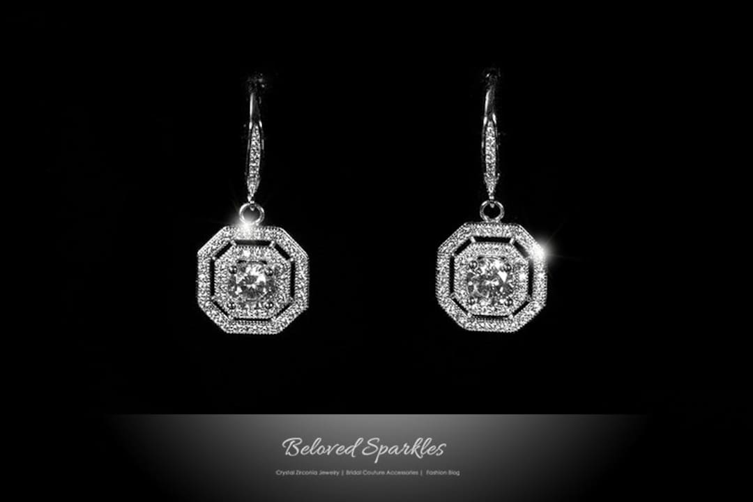 Dena Double Halo Octagon Drop Cubic Zirconia on Silver 1.2 Inches ...