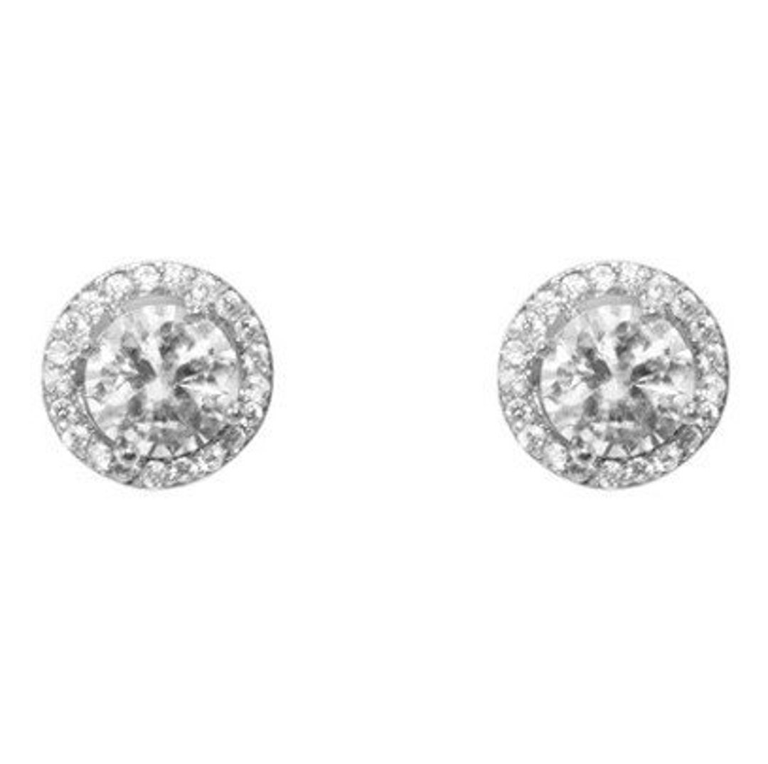 Isla 0.75ct 5mm Clear CZ Round Halo Stud Silver Earrings-fashion Cubic Zirconia Fashion Studs ...