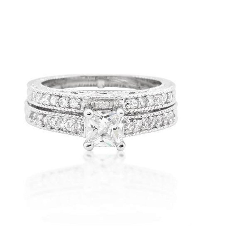 Lupe .5ct Princess Cut CZ Filigree Engagement and Wedding Ring Set-2ct ...