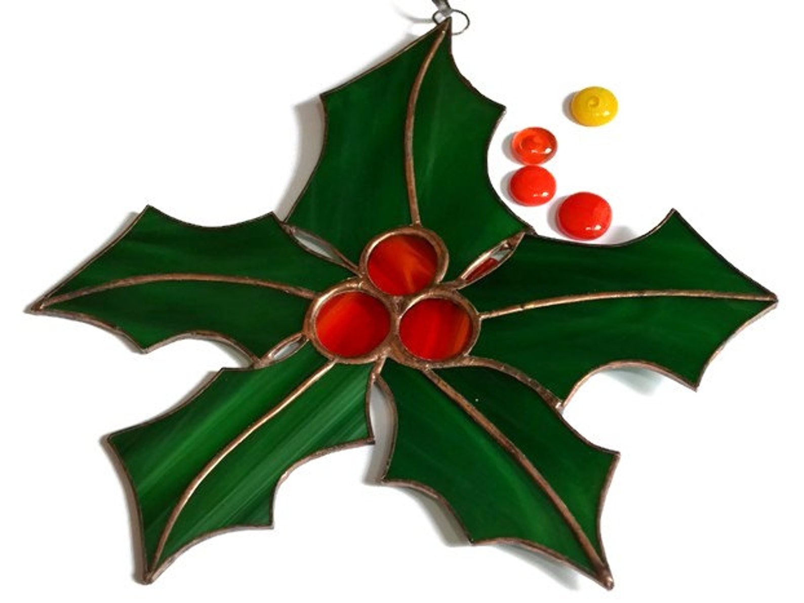 Stained Glass Holly Suncatcher Large Holiday Stained Glass Etsy