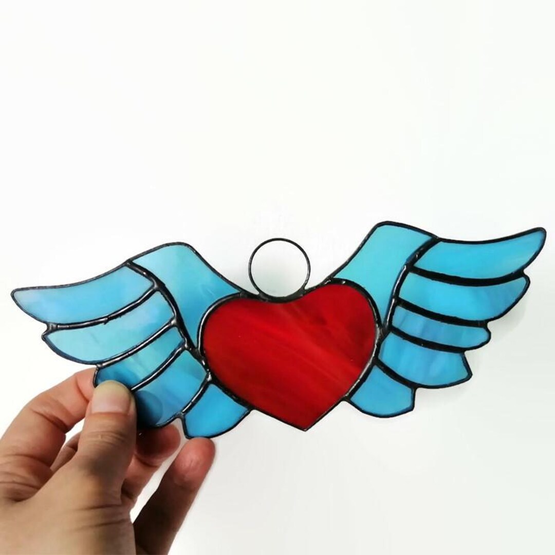 Red Heart With Turquoise Blue Wings Stained Glass Suncatcher Window ...