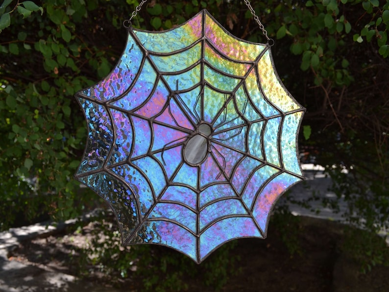 Spiderweb Stained Glass Panel 10 Inch. Iridescent Stained | Etsy