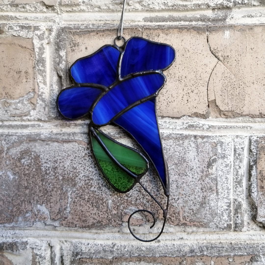 Blue Morning Glory Stained Glass Suncatcher Window Hanging or Wall ...