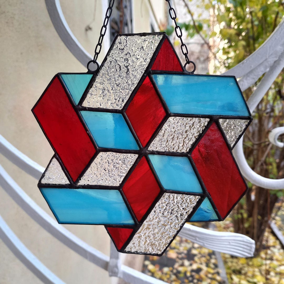 3D Illusion Stained Glass Panel Interwoven Cubes Window Decor ...