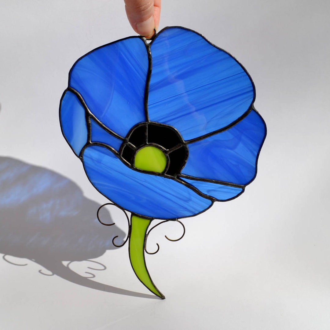 Blue Poppy Stained Glass Suncatcher Window Hanging or Wall Decor ...