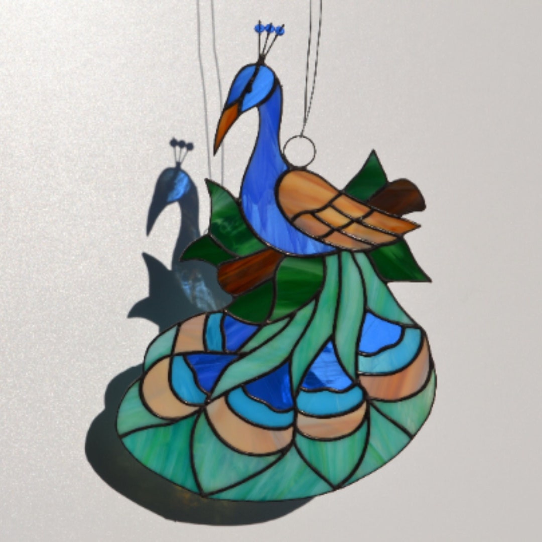 Large Stained Glass Peacock Suncatcher Window Hanging or Wall Decor ...