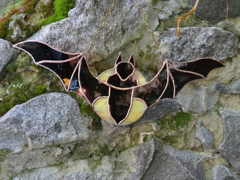 Flying Over Moon Bat Stained Glass Panel Window Hanging & Wall Decor ...
