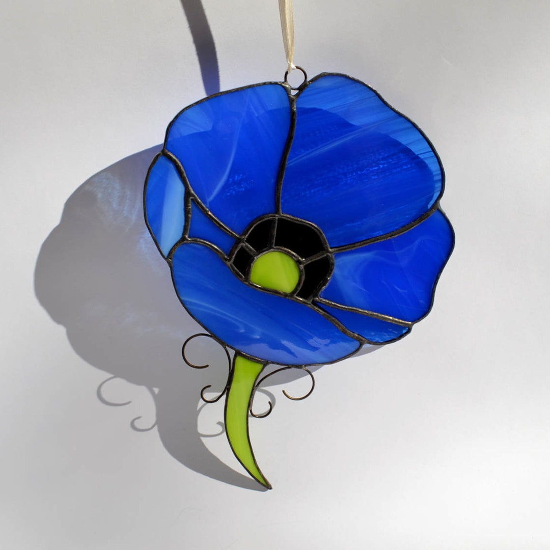 Blue Poppy Stained Glass Suncatcher Window Hanging or Wall Decor ...