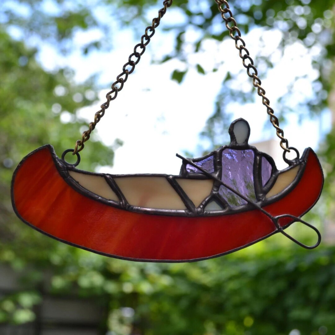 Man in Canoe Stained Glass Suncatcher Window or Wall Hanging. Red Boat ...