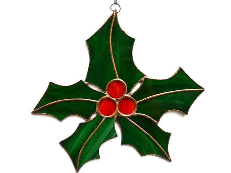 Stained Glass Holly Suncatcher Large Holiday Stained Glass Etsy