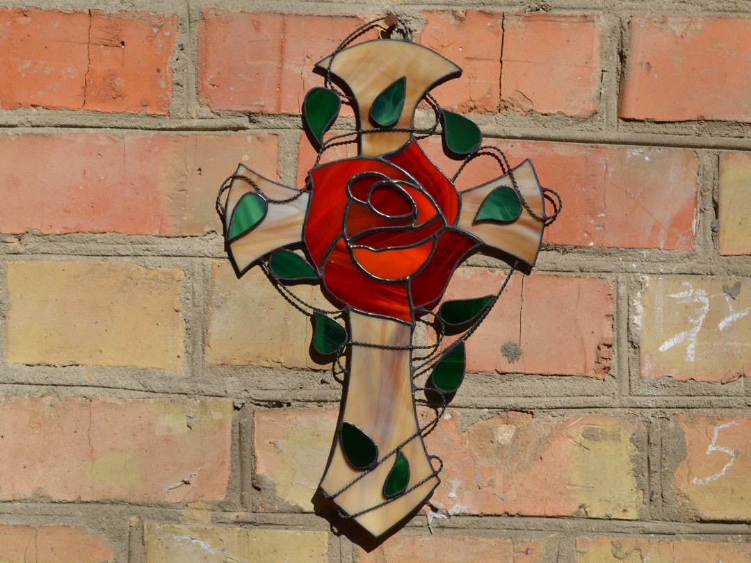 Rosicrucian Cross With Red Rose Stained Glass Suncatcher Window Hanging ...