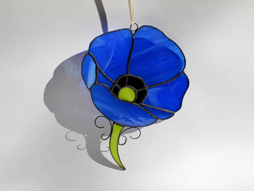 Blue Poppy Stained Glass Suncatcher Window Hanging Beautiful Flower Sun ...