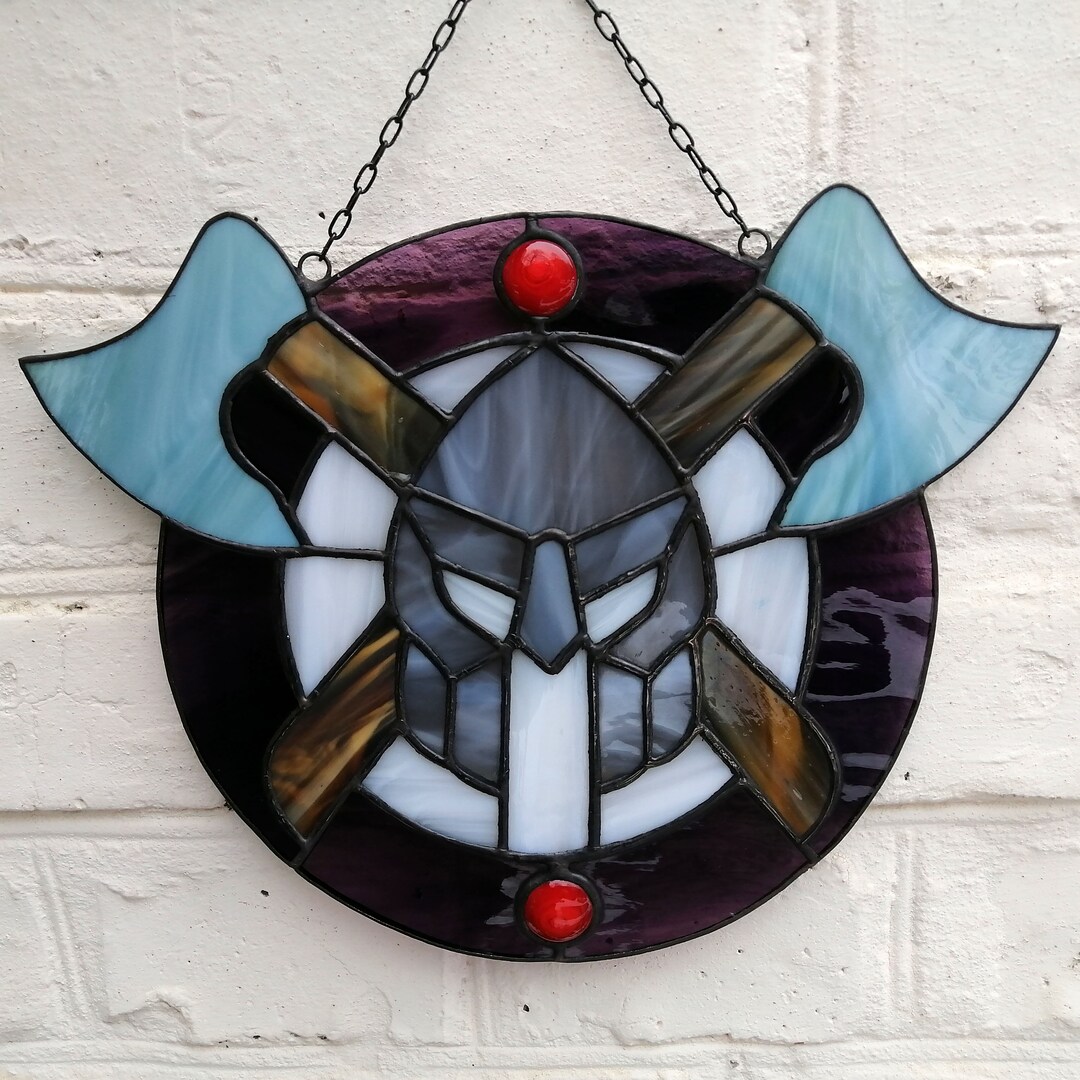 Viking Warriors Helmet With Double Axes and Shield Stained Glass Panel ...