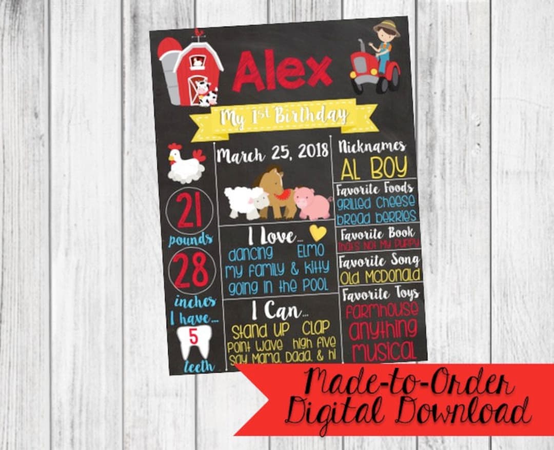 First Birthday Chalkboard Boy Farm Barn Cow Pig Sheep Horse Farmer ...