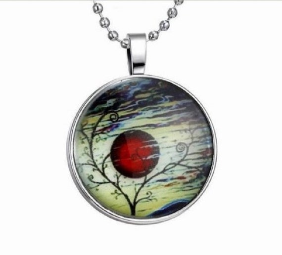 Red Moon Glowing Pendant Necklace Resin Dome Silver Chain | Etsy