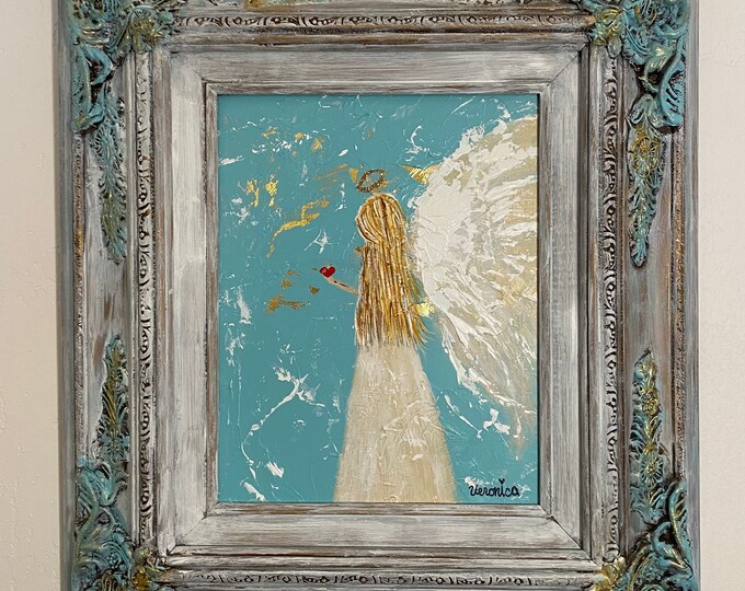 Gorgeous Angel Painting With Gold Foil Background in an Ornate Vintage ...