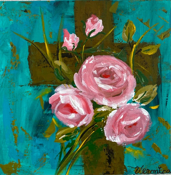 Cross With Pink Roses Painting Cross Decor Cross Painting | Etsy